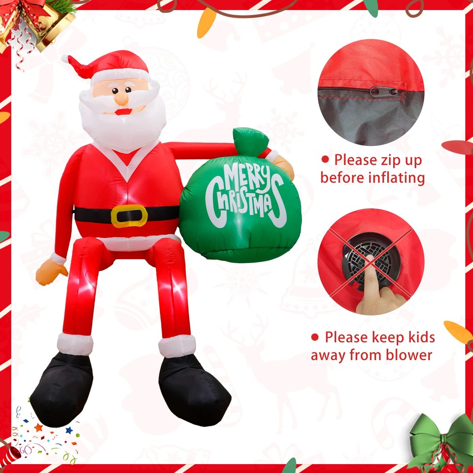 8FT GIANT Christmas Inflatables Sitting Climbing Santa Blow Up With LED ...