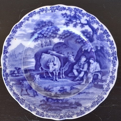 ANTIQUE FLOW BLUE TRANSFERWARE PLATE PASTORAL SCENE COWS, GOAT & FAMILY ...