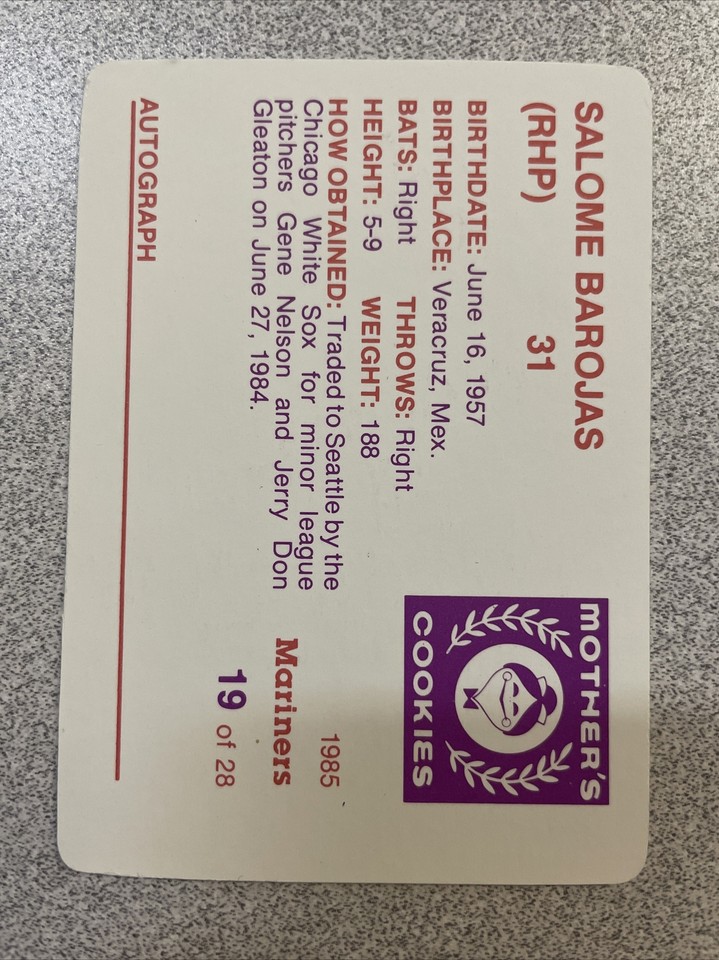 Salome Barojas Autographed 1985 Mother’s Cookies Card #19 Seattle ...