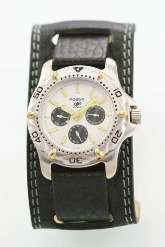 Fossil Uhr Herren Tag Datum 24hr Schwarz Leder Edelstahl Gold Silber ...