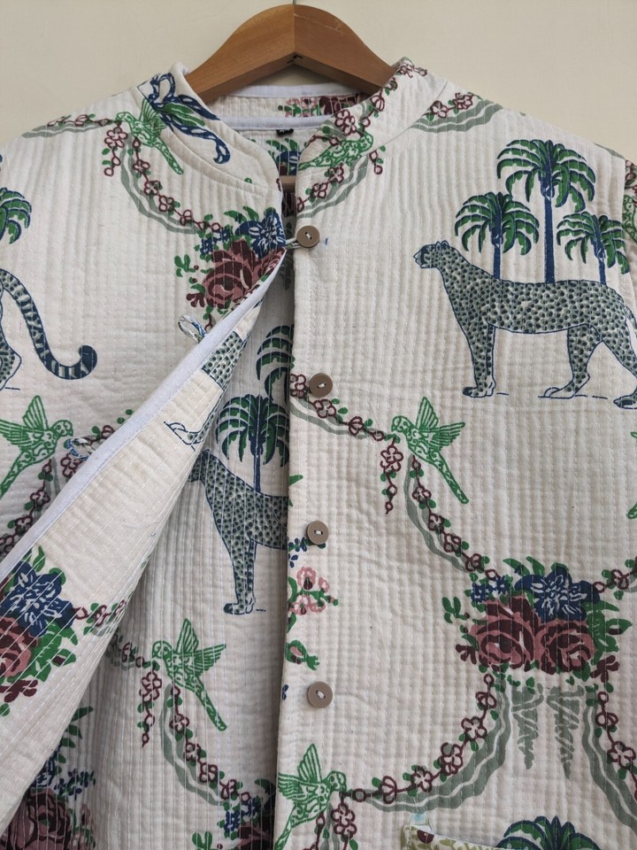 Handmade Block Printed Floral & Animal Print Quilted Cotton Women Coat ...