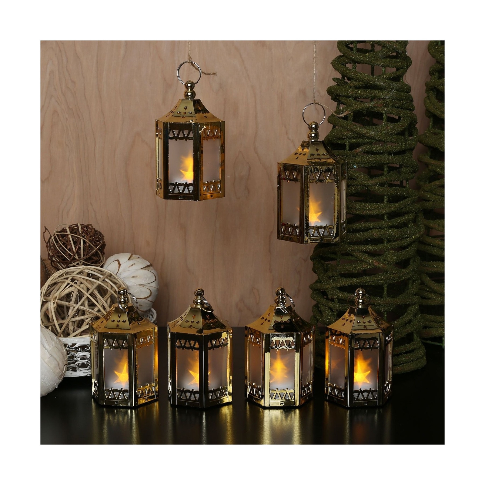 6 Gold Mini Holographic Star Lanterns 5 Warm White LEDs Batteries ...