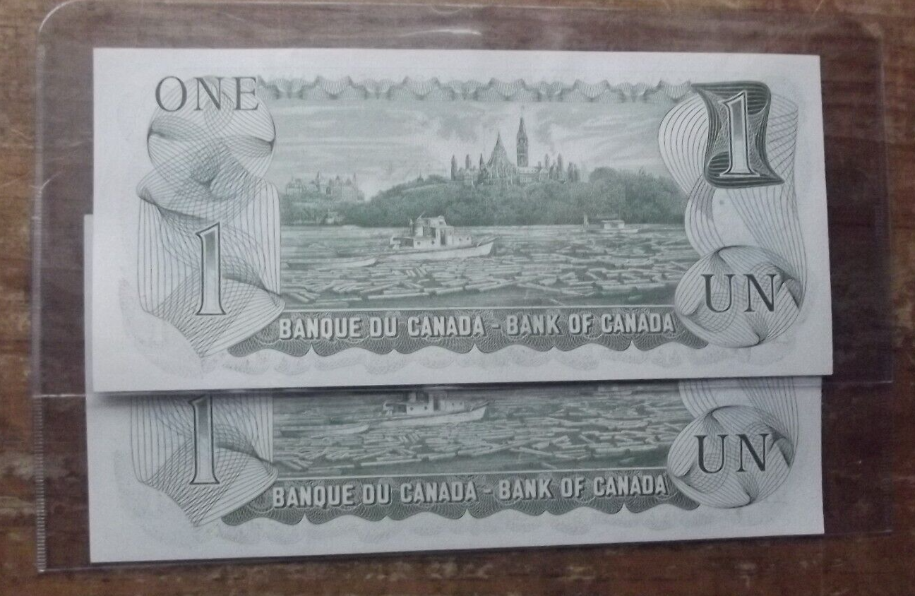 BANK OF CANADA 2X 1973 $1.00 BANKNOTES UNC CONSECUTIVE SERIAL NUMBERS ...