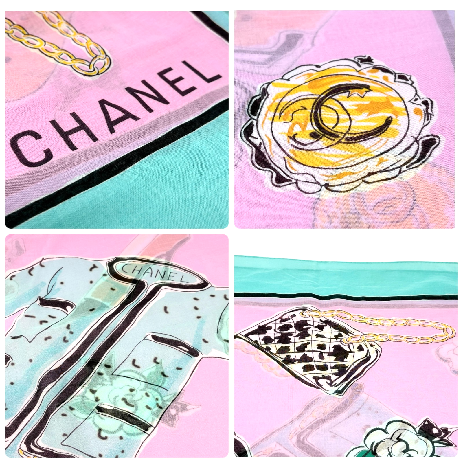 CHANEL Vintage 1994 CC Logo Wrap Scarf Pareo Pink Blue Cotton Camellia ...