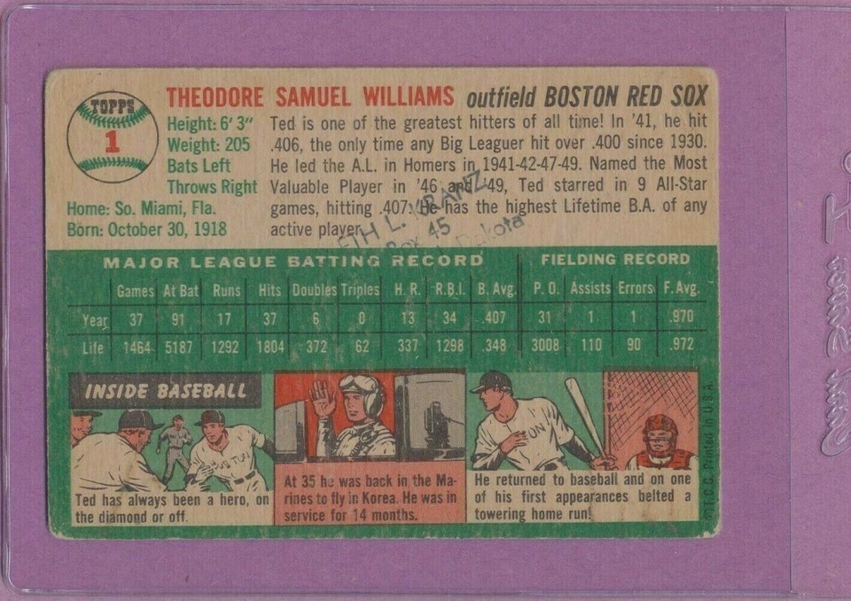 1954 Topps Ted Williams #1 SEMI-GRAY BACK Card LOW GRADE ~ CENTERED | eBay