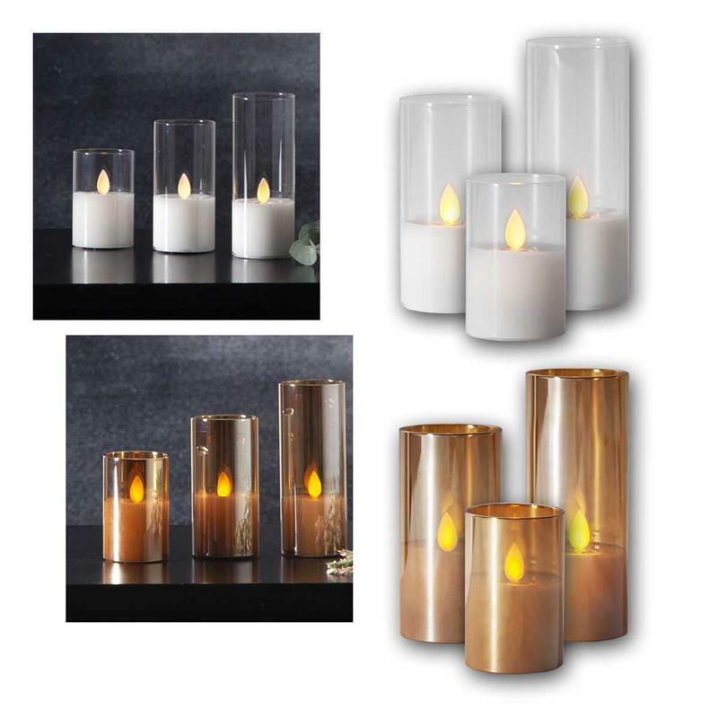 LED Windlicht-Kerzen 3 Größen Glas klar/amber bewegliche Flamme Timer ...