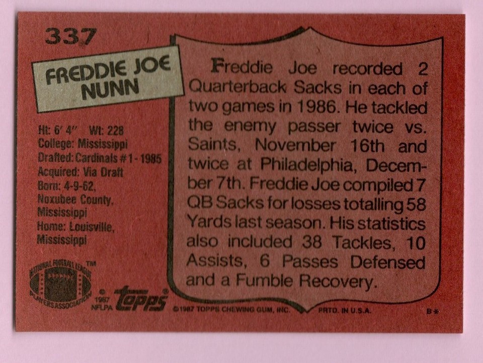 1987 Topps Football #337 Freddie Joe Nunn St. Louis Cardinals Outside ...