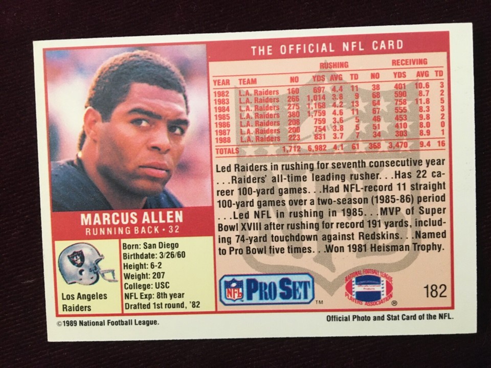 1989 Pro Set Football Raiders HOF Marcus Allen Card #182 | eBay