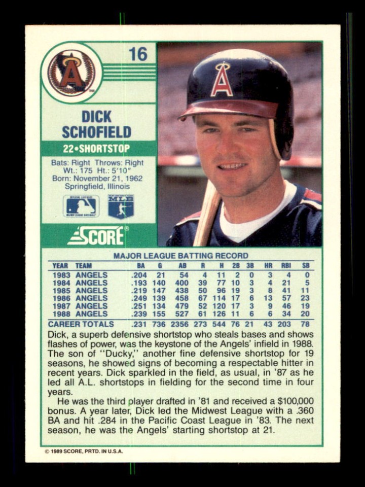 1989 Baseball 1989 Score Dick Schofield California Angels #16 1 | eBay