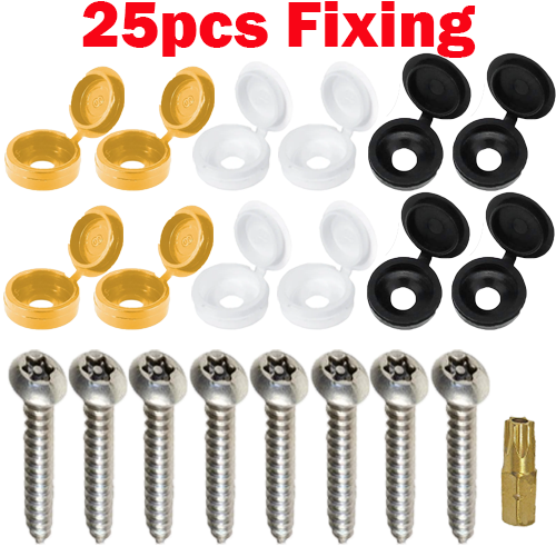 25 x NUMBER PLATE FIXINGS SECURITY SCREWS STAINLESS STEEL COVER PLASTIC ...