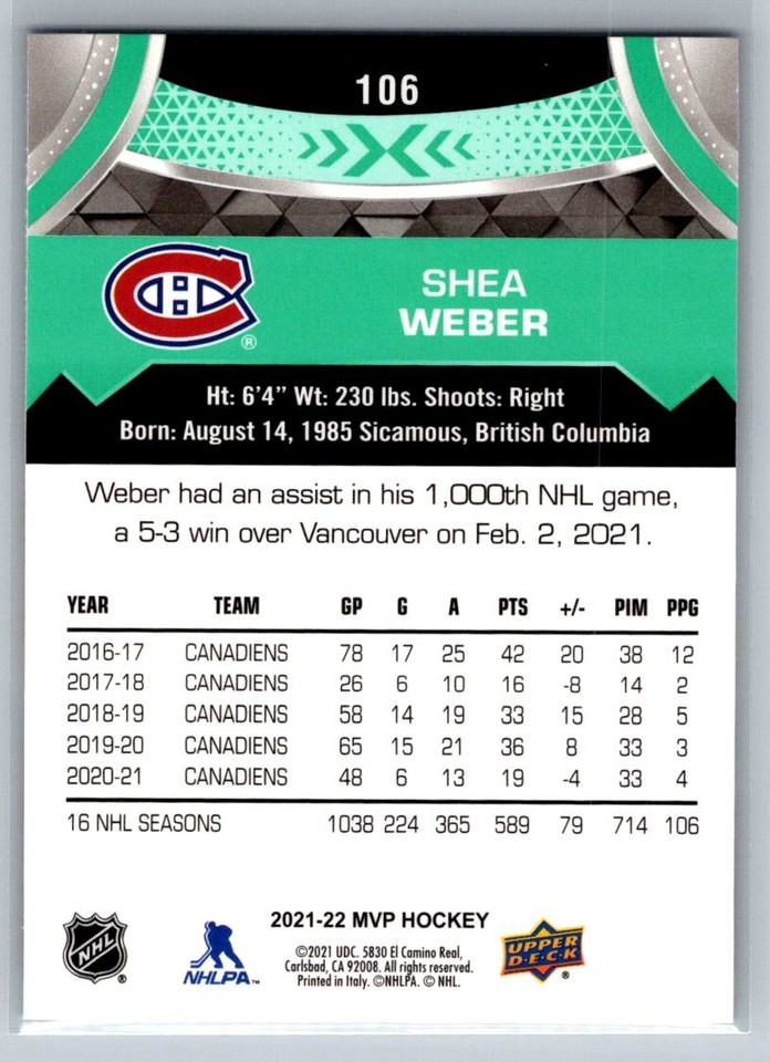 2021 Upper Deck MVP #106 Shea Weber Montreal Canadiens Hockey Card | eBay