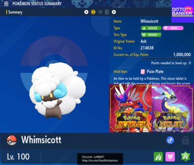 Pokemon Scarlet/Violet SHINY Whimsicott Lv.1 6IV Timid/Ability Patch ...
