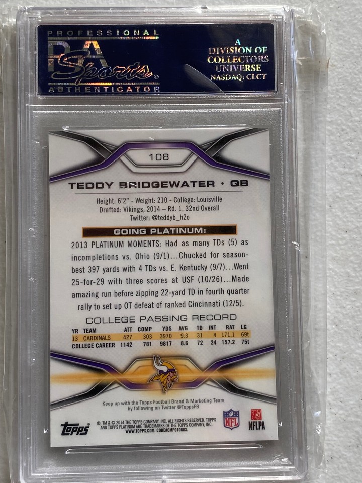Teddy Bridgewater 2014 Topps Platinum #108 Rookie RC Gem Mint 10 ...