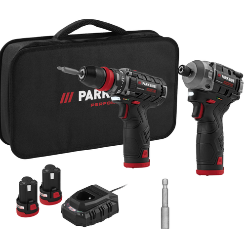 Parkside Performance 12V Cordless Drill & Impact Driver Set 2 Batteries ...