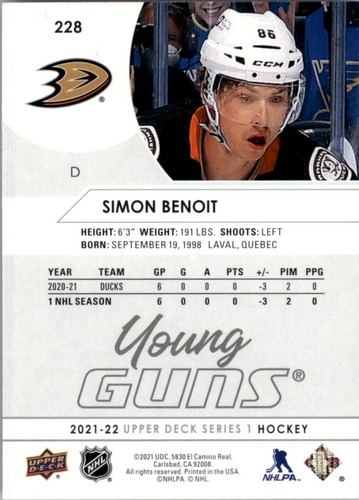 2021-22 Upper Deck #228 Simon Benoit YG RC YOUNG GUNS Rookie Card - NM ...