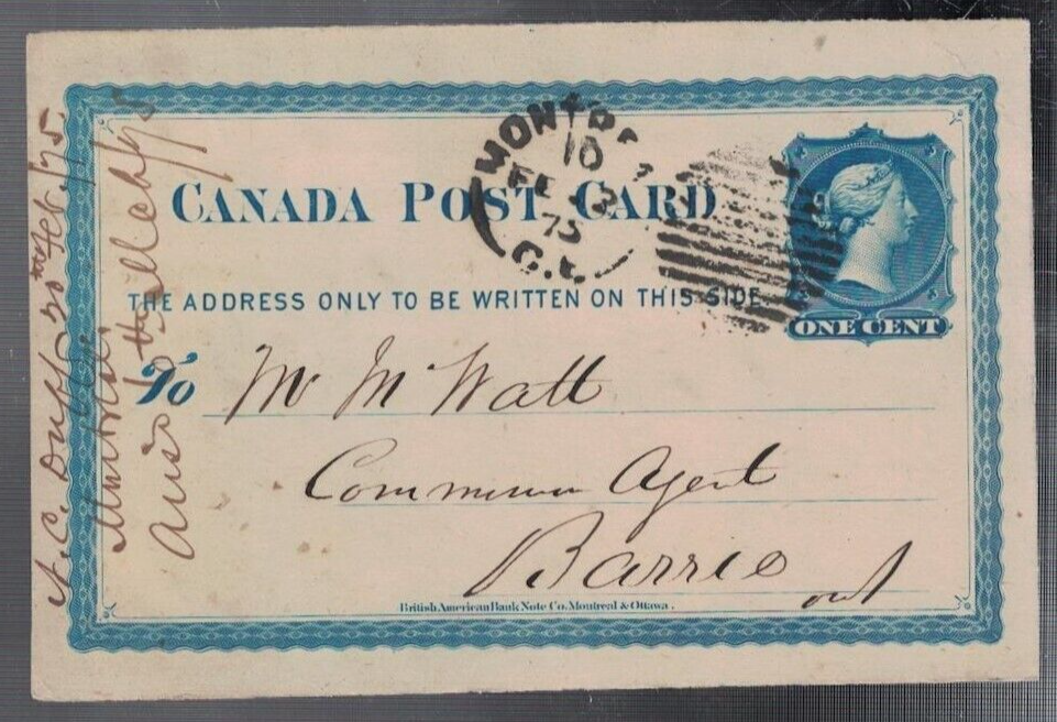 ANTIQUE 1875 CANADA POST CARD ONE CENT FROM RICHARDSON HOTEL MONTREAL ...