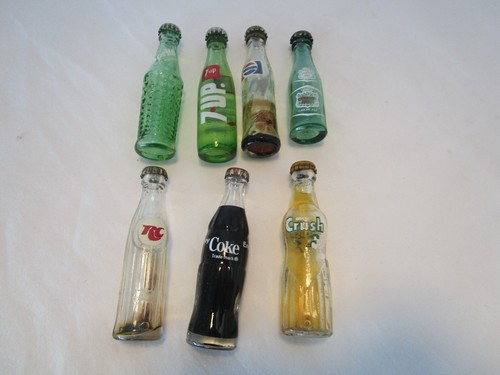 Miniature lot 7 Bottles 3" T Glass Soda 7Up Sprite RC-Coca-Cola Orange ...