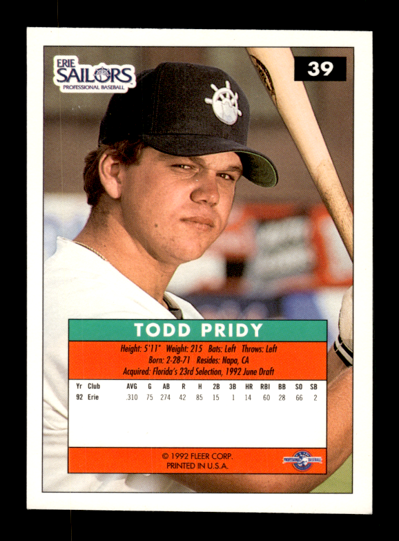 1992-93 Fleer Excel # 39 Todd Pridy (ML) Erie Sailors Florida Marlins ...