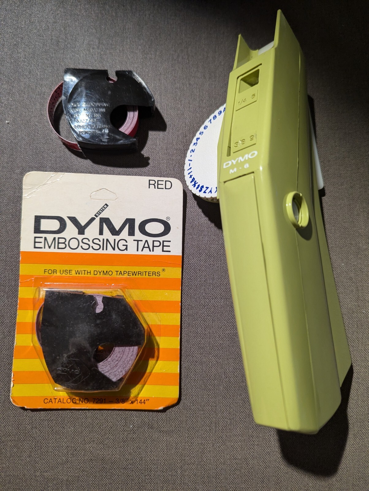 VINTAGE DYMO M-6 HANDHELD LABEL MAKER WITH NEW RED 3/8" EMBOSSING TAPE ...