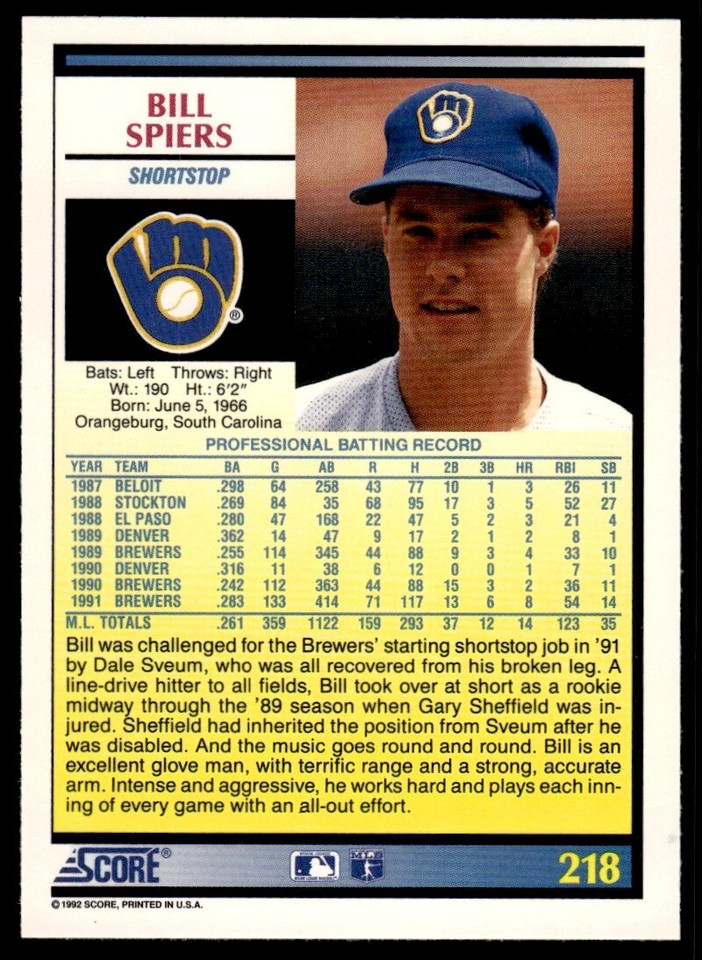 1992 Score Baseball Card Bill Spiers Milwaukee Brewers #218 | eBay