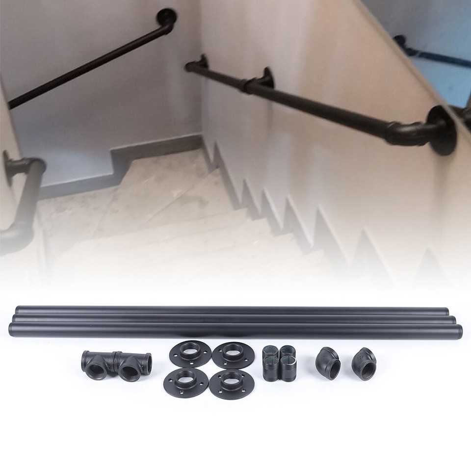10FT Iron Handrail For Steps Stair Railing Hand Rail Kit Black Outdoor ...