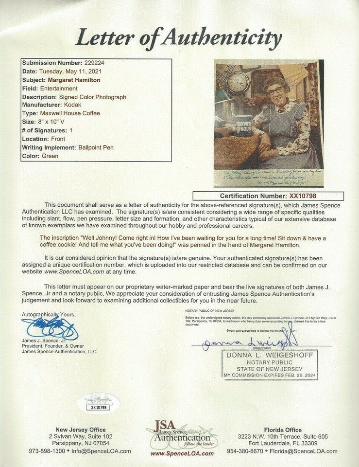 Wizard Of Oz WITCH Margaret Hamilton Autographed 8x10 Maxwell House JSA ...