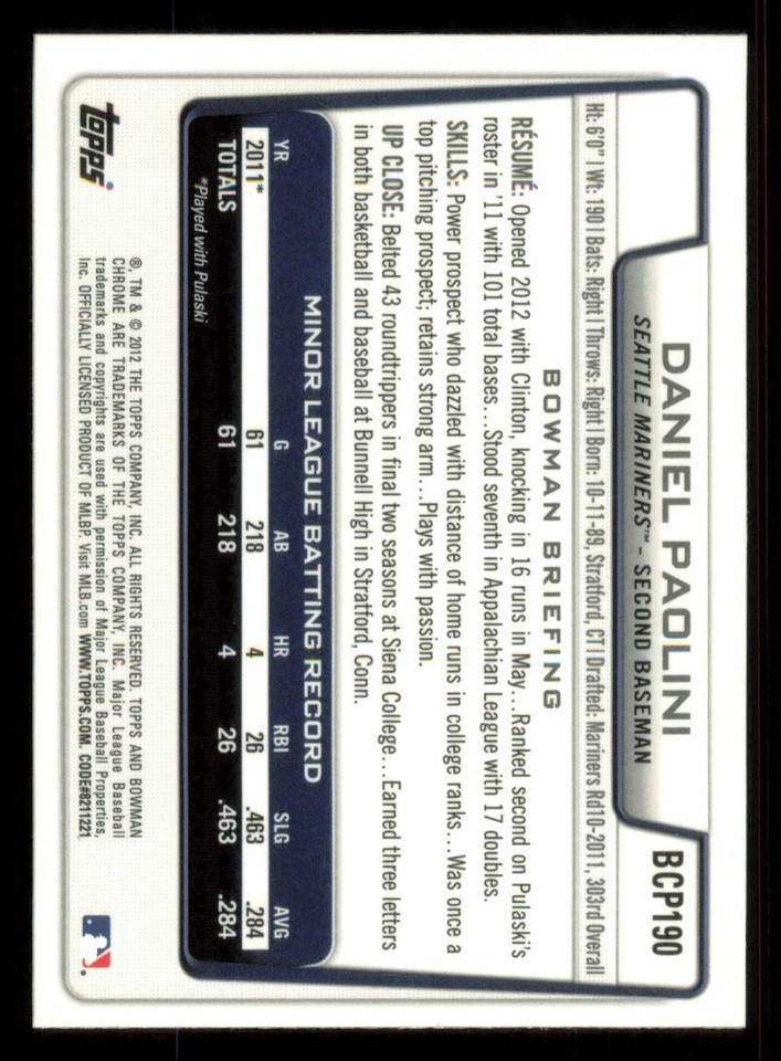 2012 Bowman Chrome Prospects Daniel Paolini Seattle Mariners #BCP190 | eBay