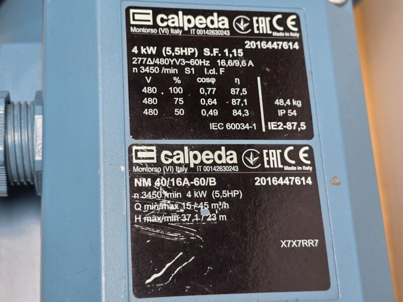 Calpeda Centrifugal Pump NM 40/16A-60/B, 5.5 HP, 277/480VAC, 3450RPM ...