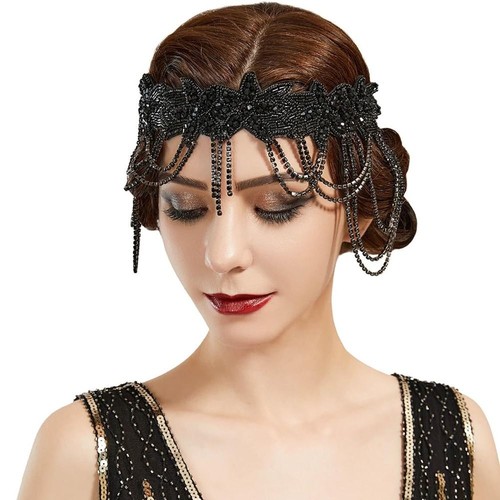 Beaded Forehead Flapper Headband Black White Retro Headpiece Party ...