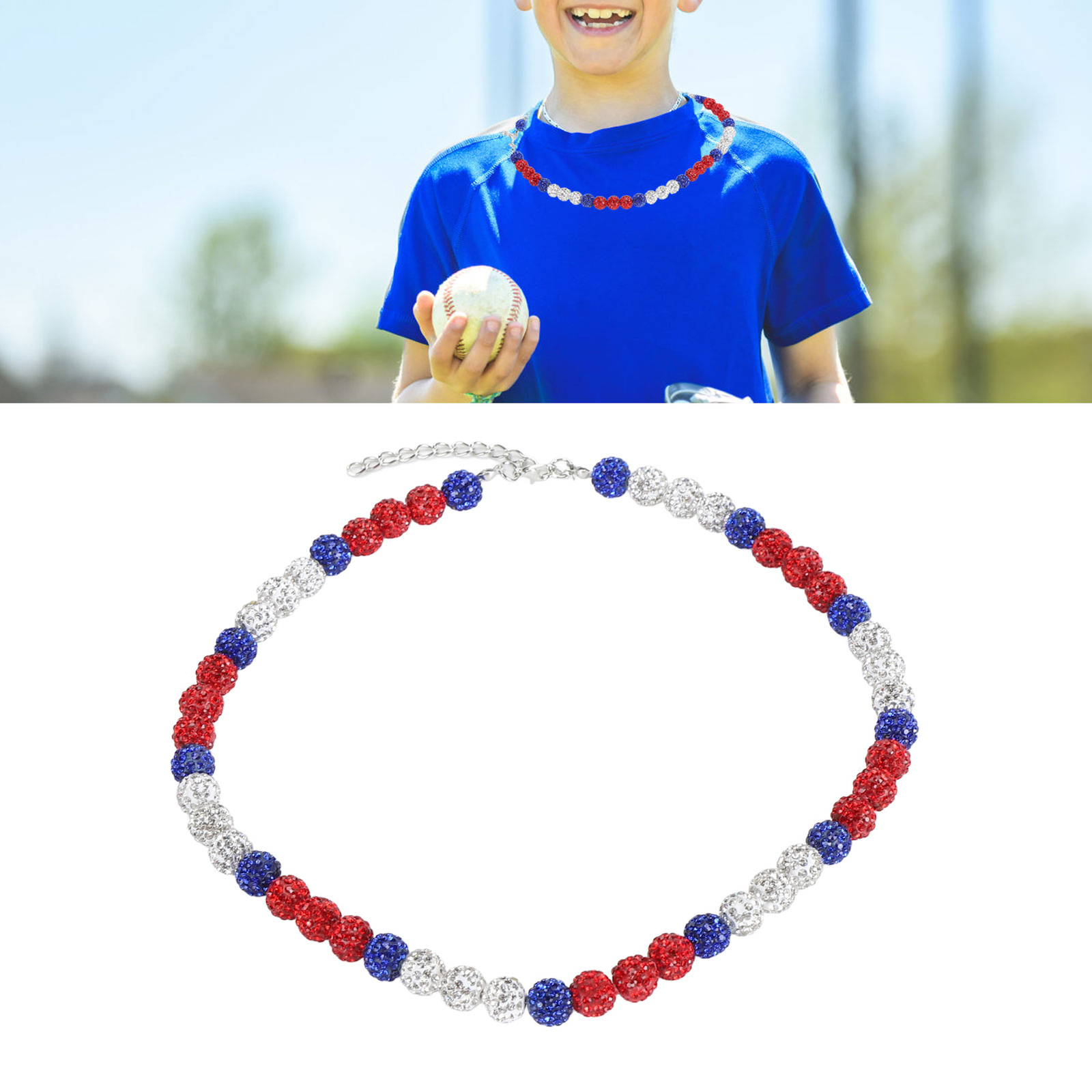 (49 Beads 50cm)Baseball Necklace Rhinestone Unisex Baseballer Inspired ...