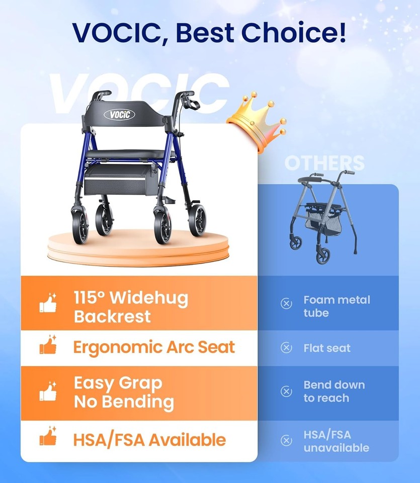 VOCIC Foldable Rollator Walker with Seat, 8" Wheels, Aluminum #R026 | eBay