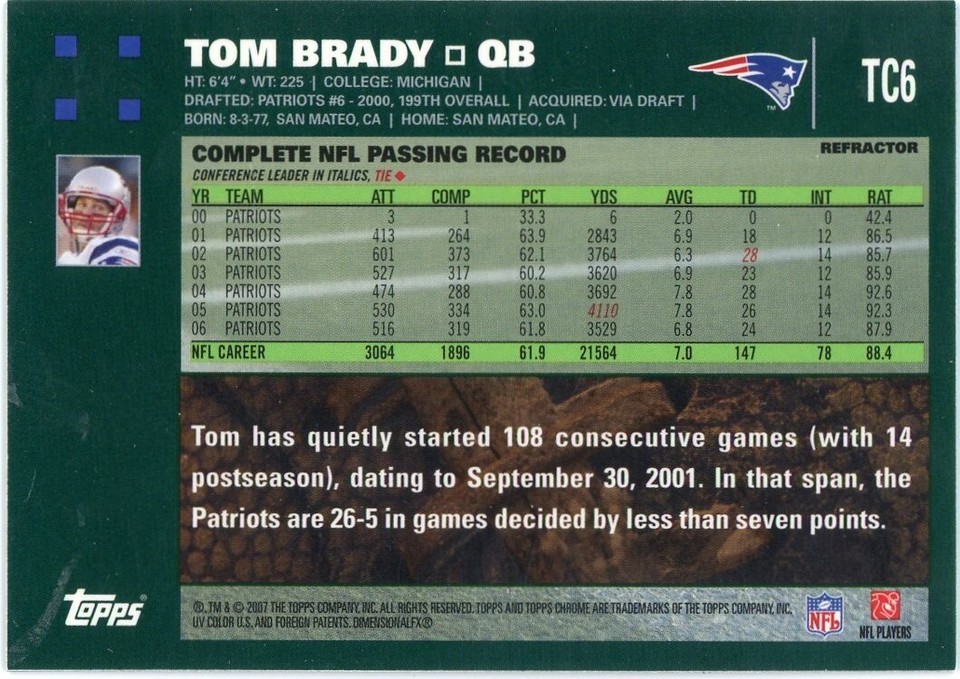 G636 TOM BRADY 2007 TOPPS CHROME REFRACTOR #TC6 NEW ENGLAND PATRIOTS | eBay