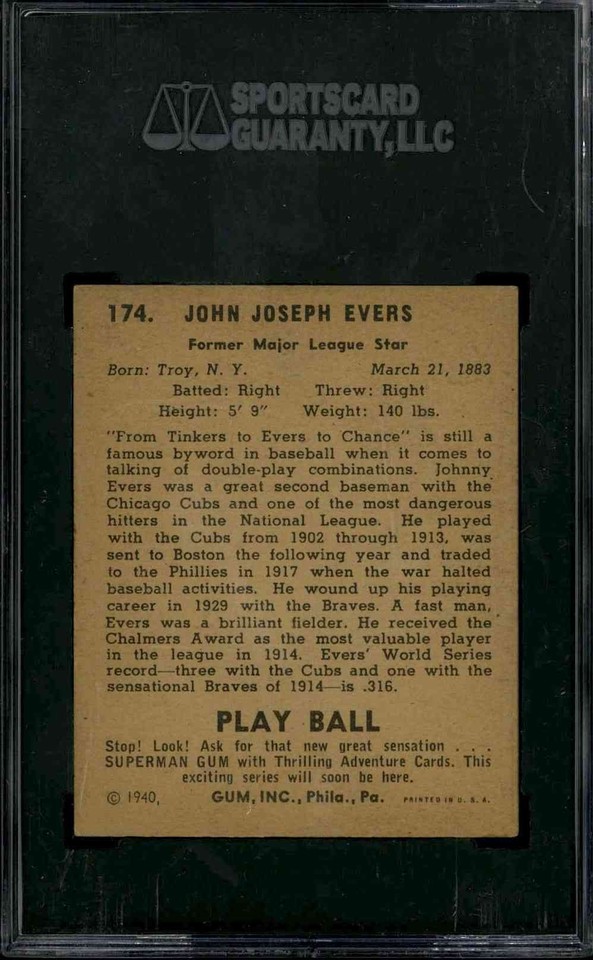 1940 Play Ball #174 Johnny Evers - SGC 60 | eBay