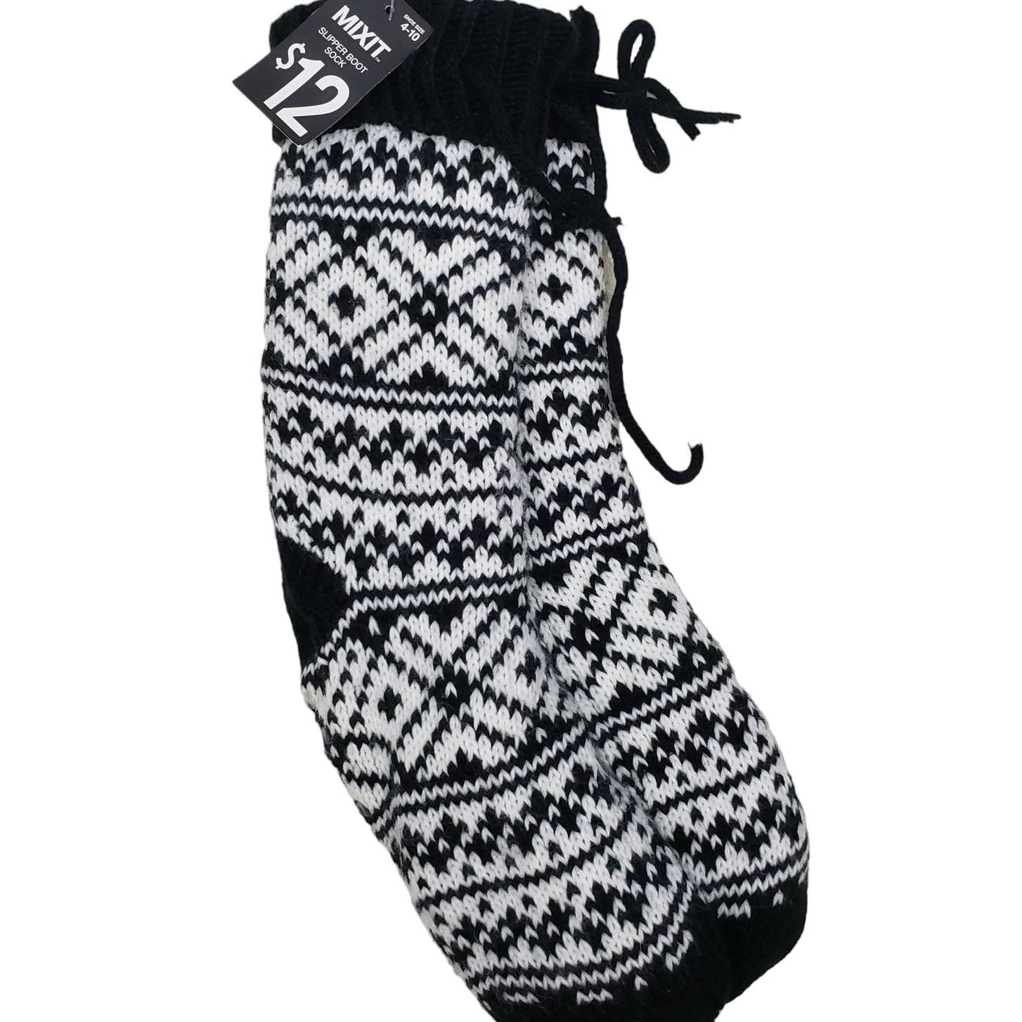 Mixit Slipper Boot Socks Fair Isle Faux Fur Sherpa Lined w Poms Size 4 ...