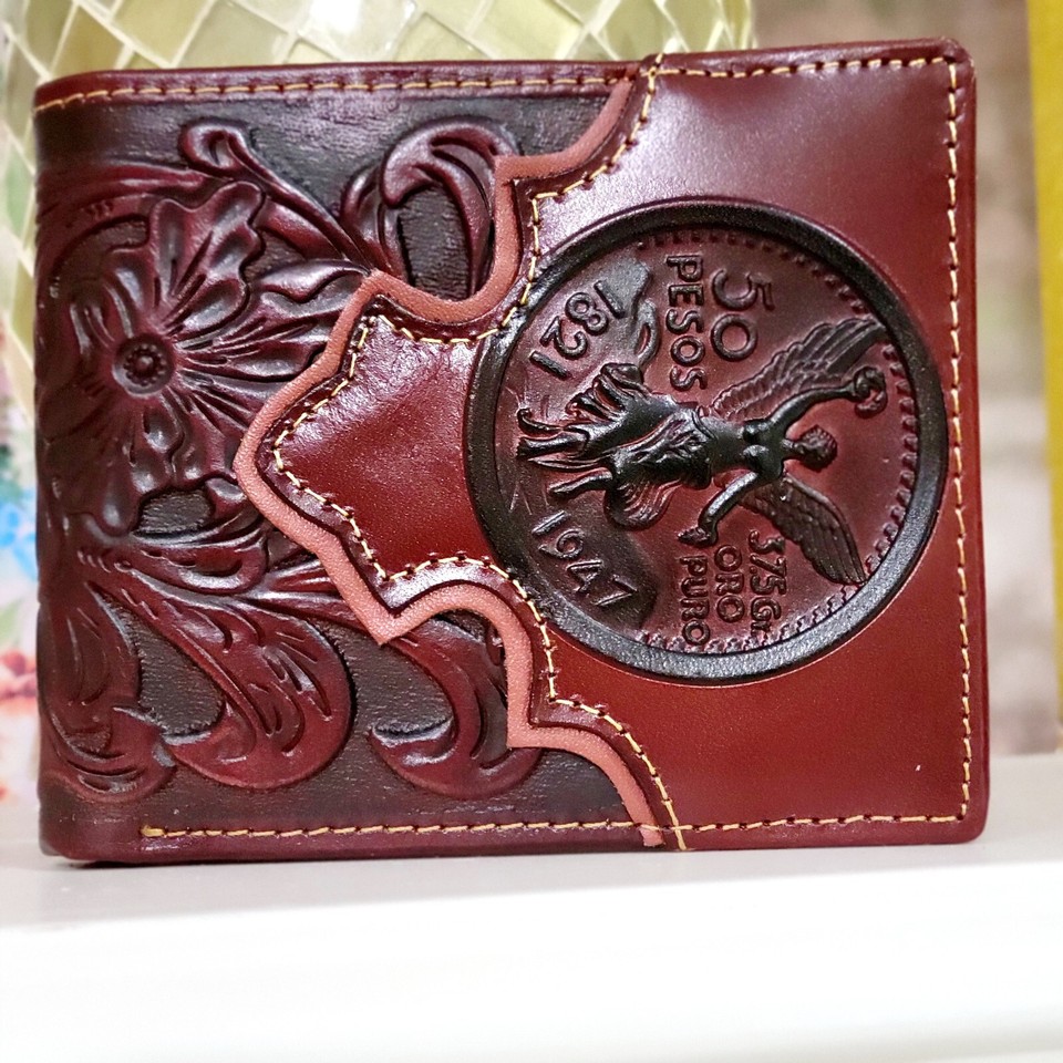 Western Wallet Mexican 50 Peso Embossed Leather Floral Cutout Layered ...