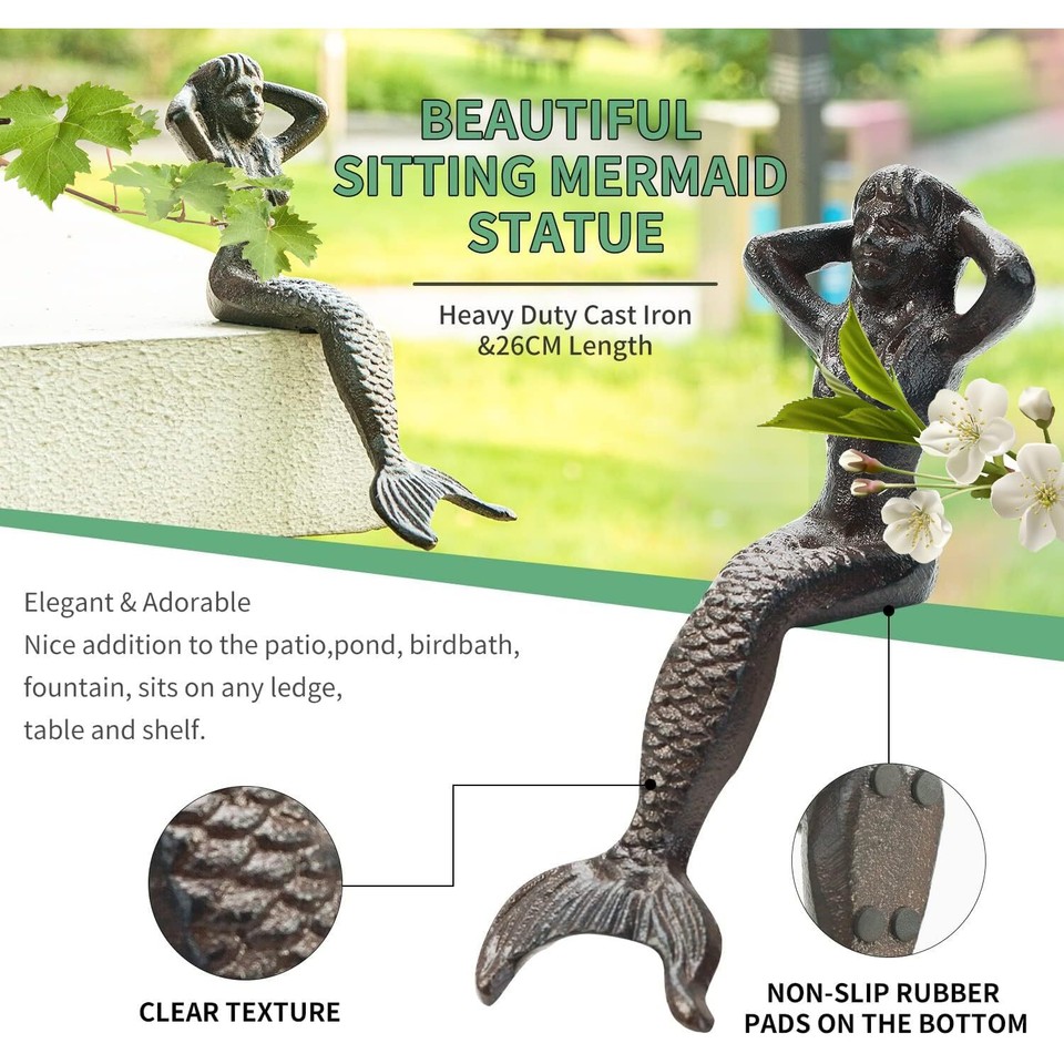 Heavy Duty Cast Iron Mermaid Statue - 26CM Tall Sitting Mermaid Figure ...