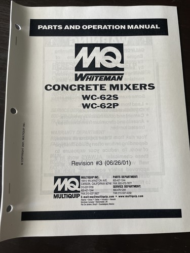 Multiquip Whiteman WC-62 Concrete Mixer Operating Instructions Parts ...