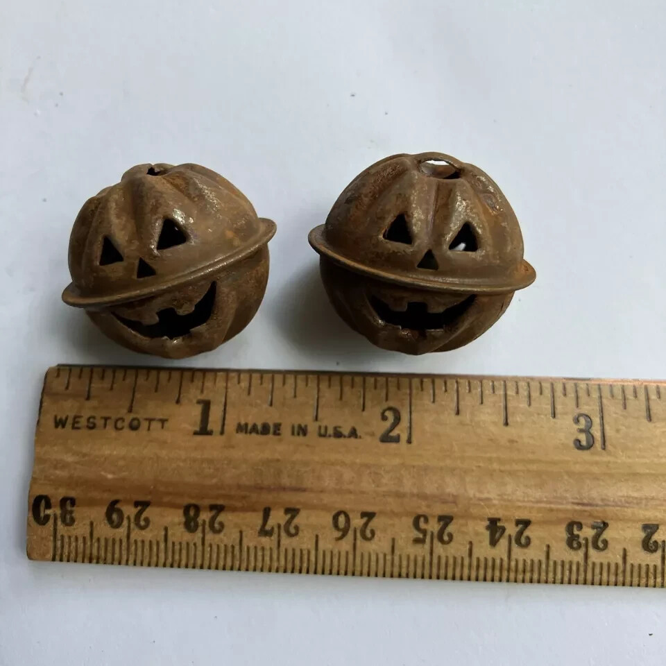 5 Primitive Fall Rusty Metal Pumpkin Jingle Bells 1' Jack O Lantern ...