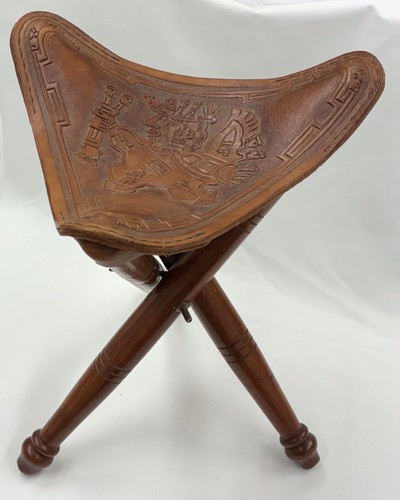 Vintage Tripod 3-Legged Stool Chair * Leather Seat * Mexico Aztec Mayan ...