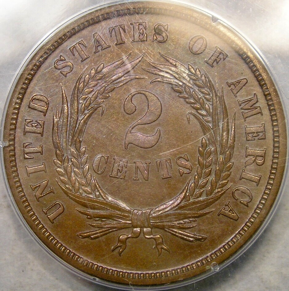 1868 TWO CENT PIECE GORGEOUS TONING RE PUNCH DATE PCGS PF 64 RB RARE ...