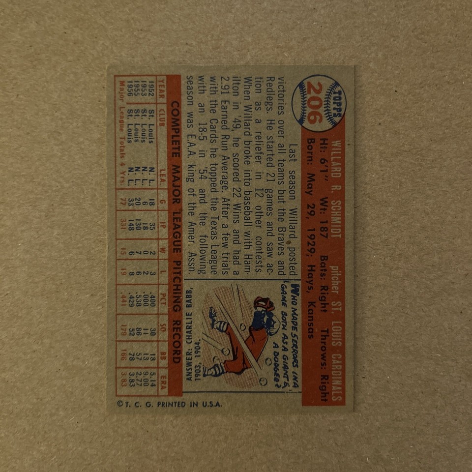 1957 Topps Baseball Willard Schmidt St Louis Cardinals Card #206 | eBay