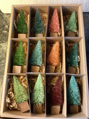 Creative Co-Op Set 12 Bottle Brush Trees Wood Base Greens Pink/Reds 3 1 ...