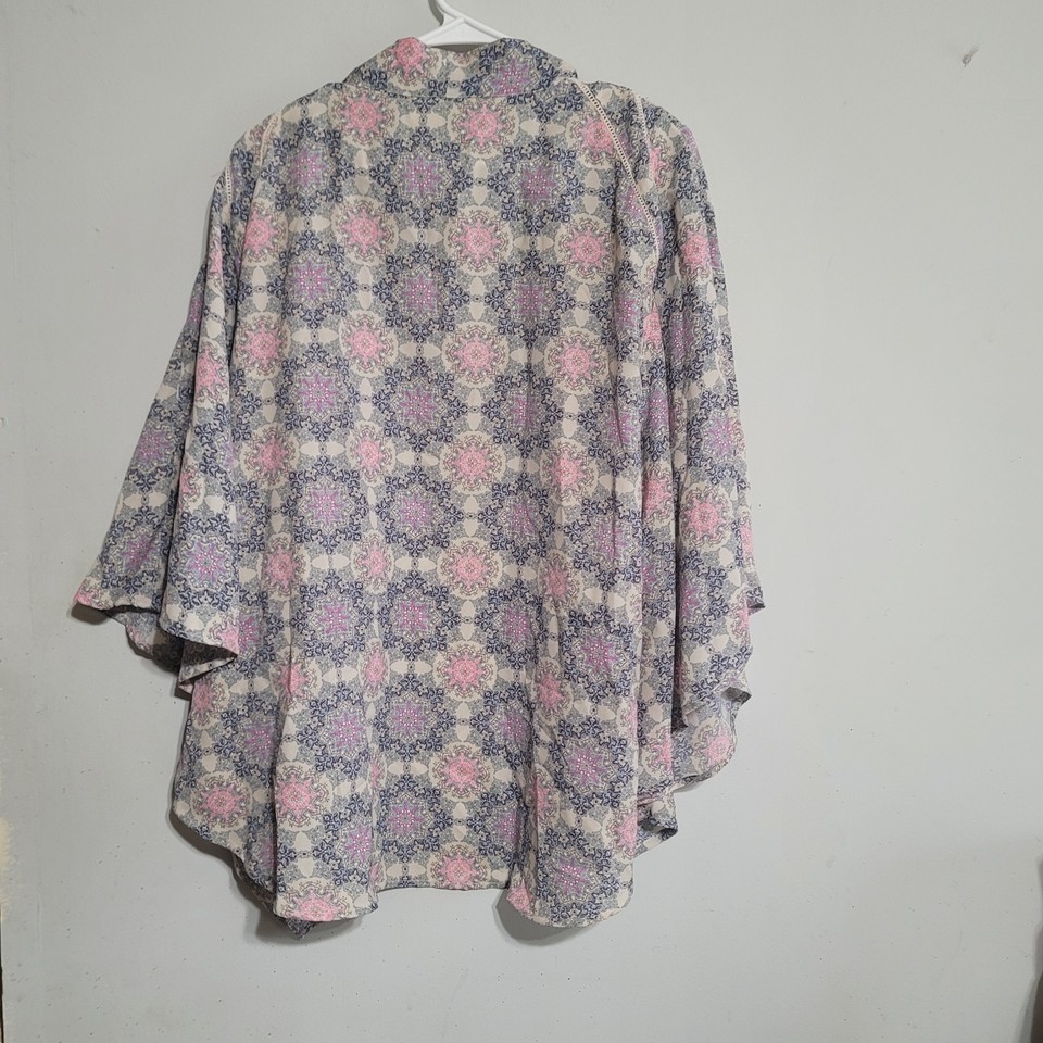 Japna Large Kimono Top Floral Pink Blue Sheer Swim Coverup Boho Coastal ...