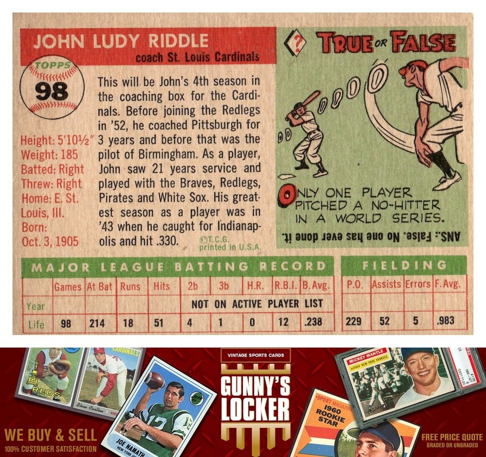 1955 Topps Johnny Riddle 98 St. Louis Cardinals | eBay