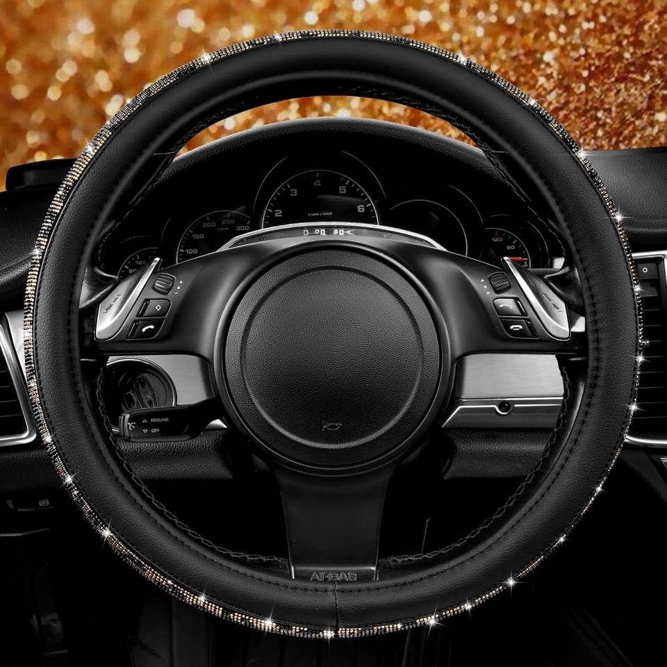 Bling Diamond Leather Steering Wheel Cover Gold Leopard 15 Inch for ...