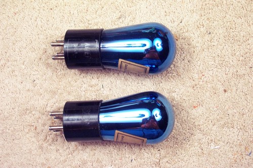 Two, American 201A, #01A tubes, balloon/globe, BLUE glass, match pair ...