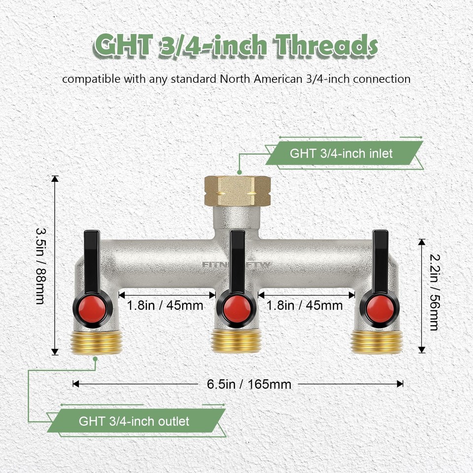 3 Way Hose Splitter, Hose Splitter 3 Way for Garden, GHT 3/4" Brass ...