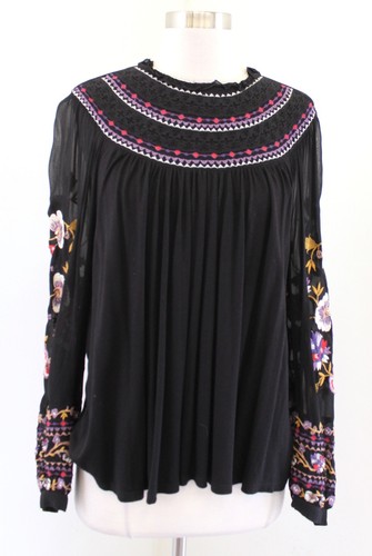 Akemi Kin Anthropologie Louise Black Floral Embroidered Top Blouse Size ...