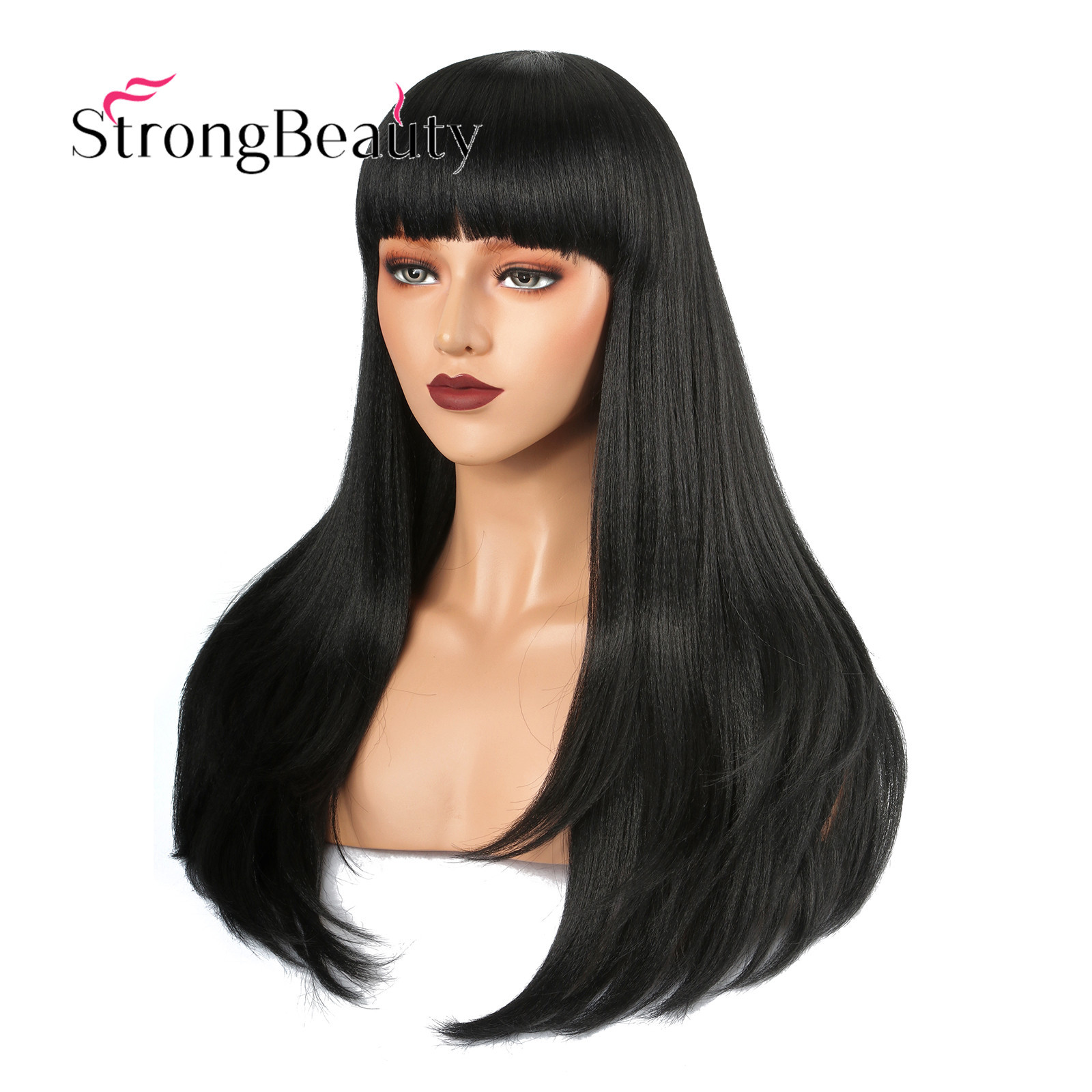 Yaki Straight Long Wig With Flat Bang Natural Synthetic Wigs Black ...