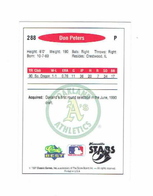 Don Peters Huntsville Stars Pitchers #288 Classic 1991 Baseball Card | eBay